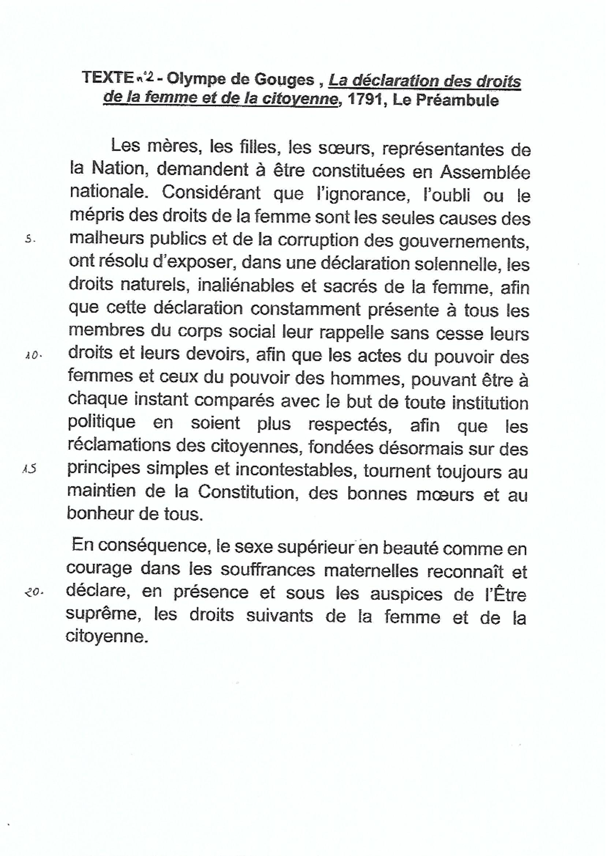 TEXTEn2 ODG - Préambule de La Déclaration des Droits de la Femme - Studocu