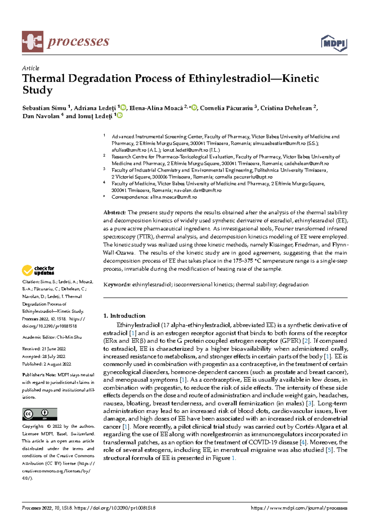 Thermal Degradation Kinetics of Ethinylestradiol (EE) - Processes 2022 ...