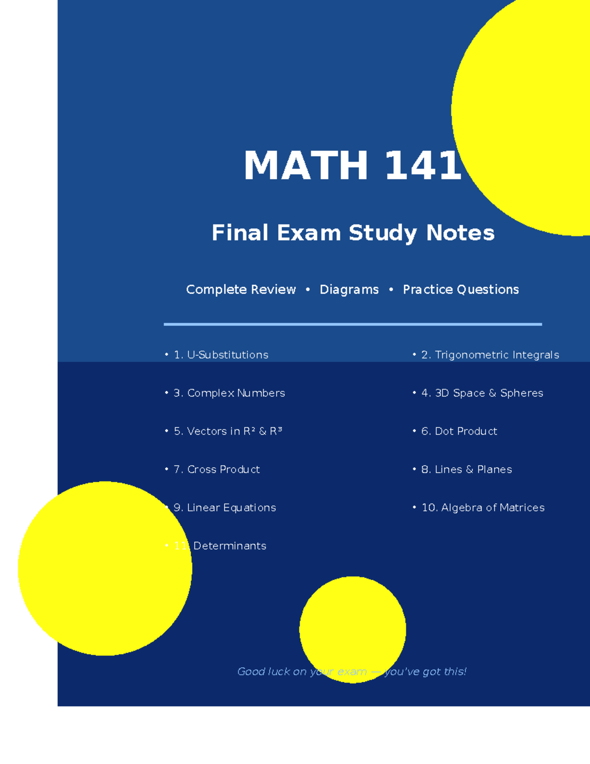 MATH 141 Final Exam Study Notes: Trigonometric Integrals, Vectors ...