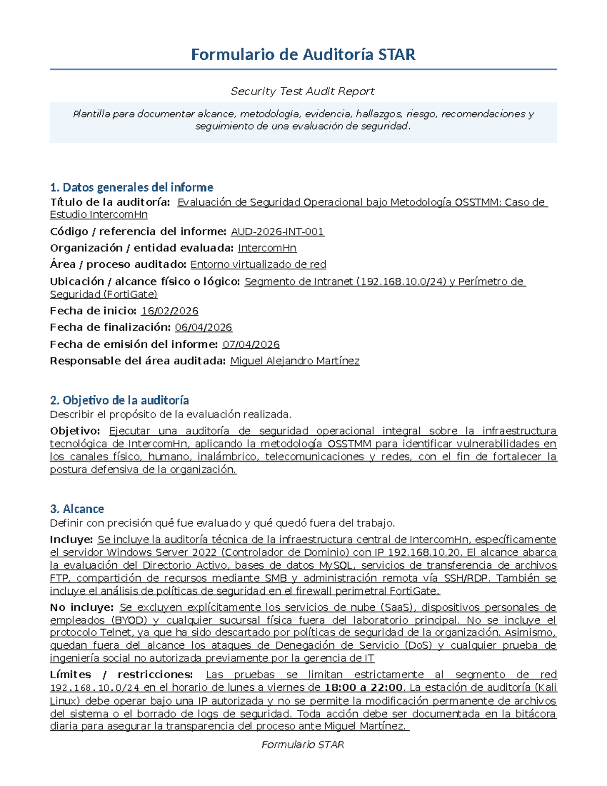 Informe de Auditoría de Seguridad OSSTMM: Evaluación IntercomHn - Studocu