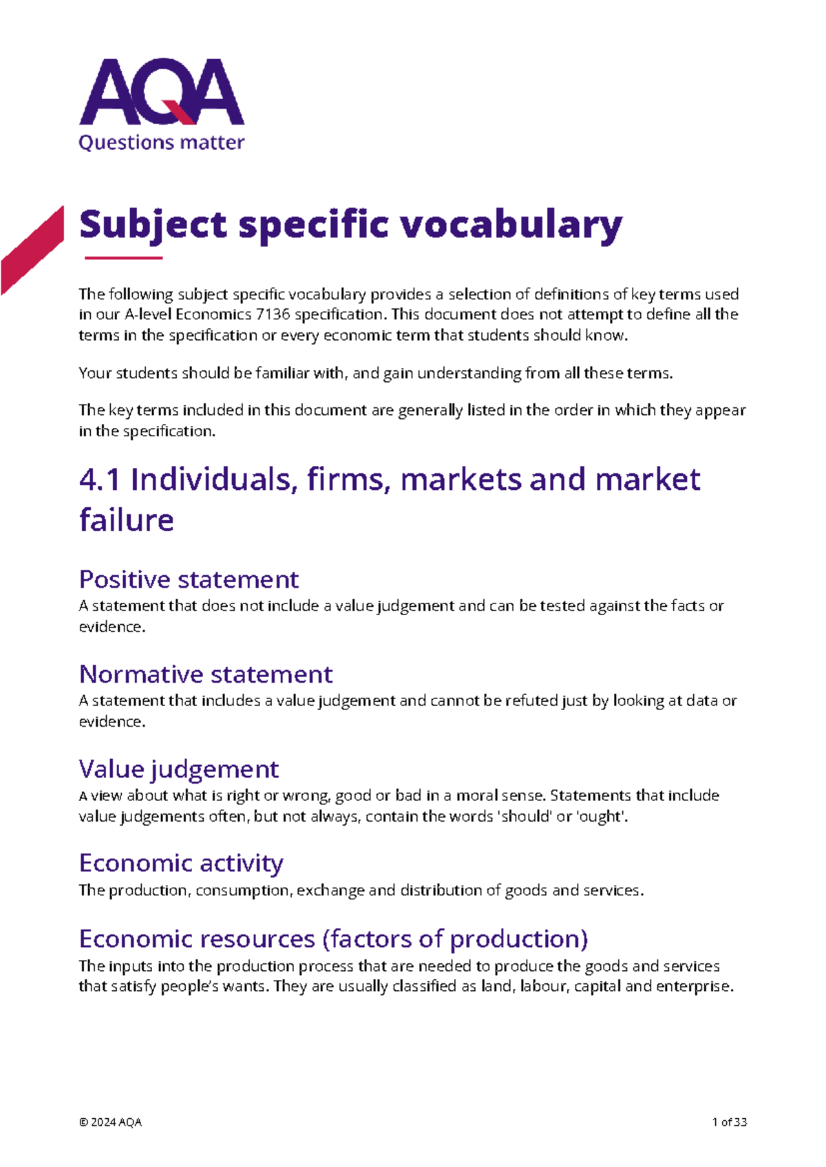 AQA 7136 Economics: Key Terms & Definitions Vocabulary Guide - Studocu