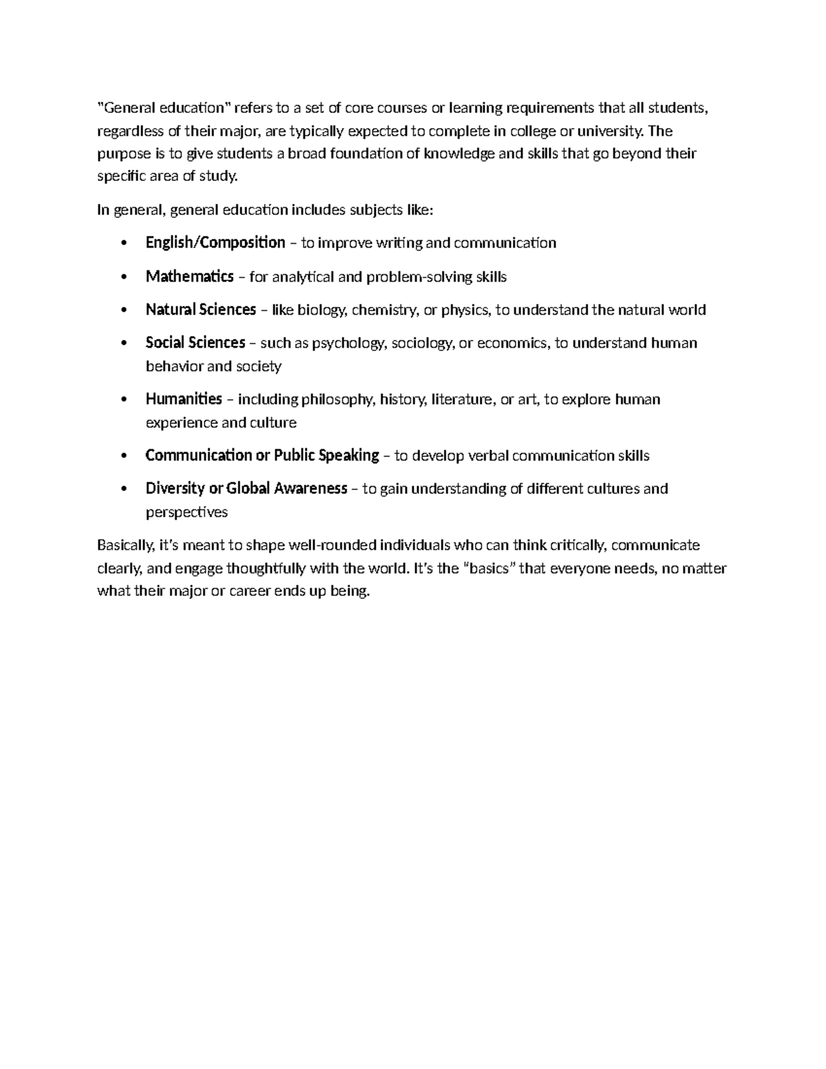 General Education Overview: Core Courses for All Majors - Studocu