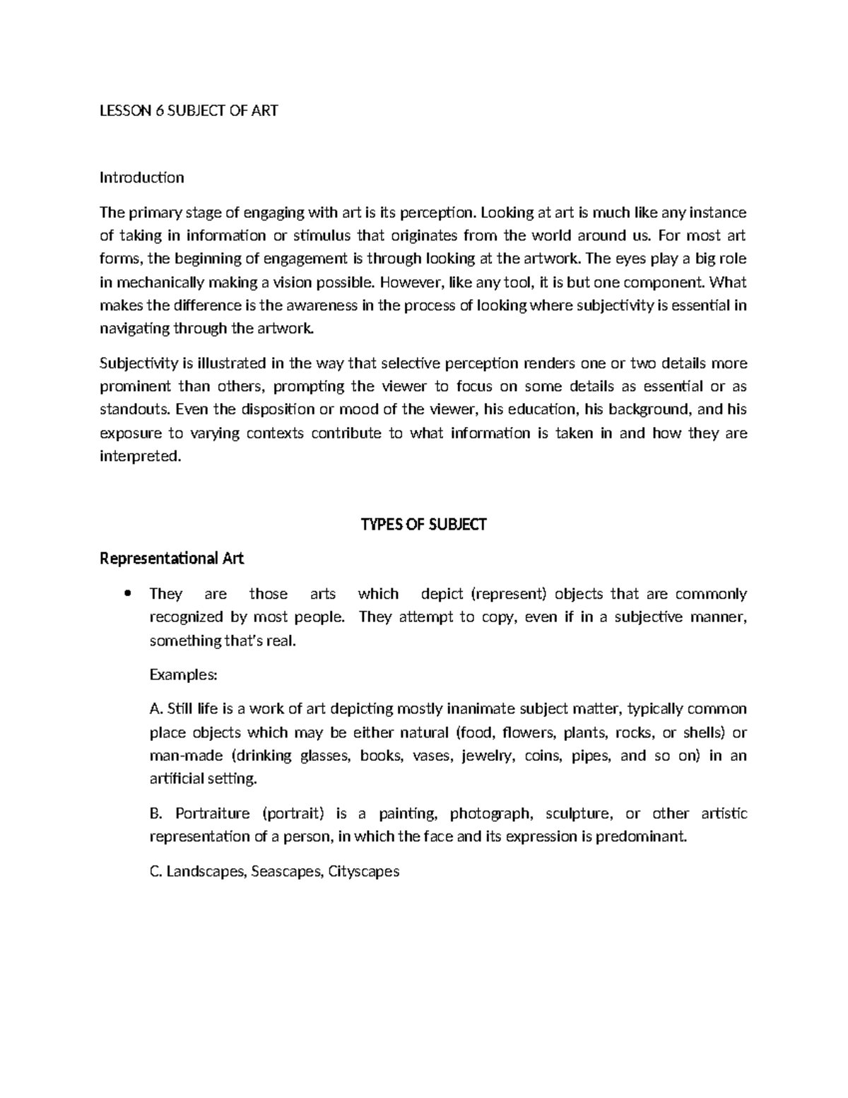 Lesson 6 Subject OF ART - LESSON 6 SUBJECT OF ART Introduction The ...