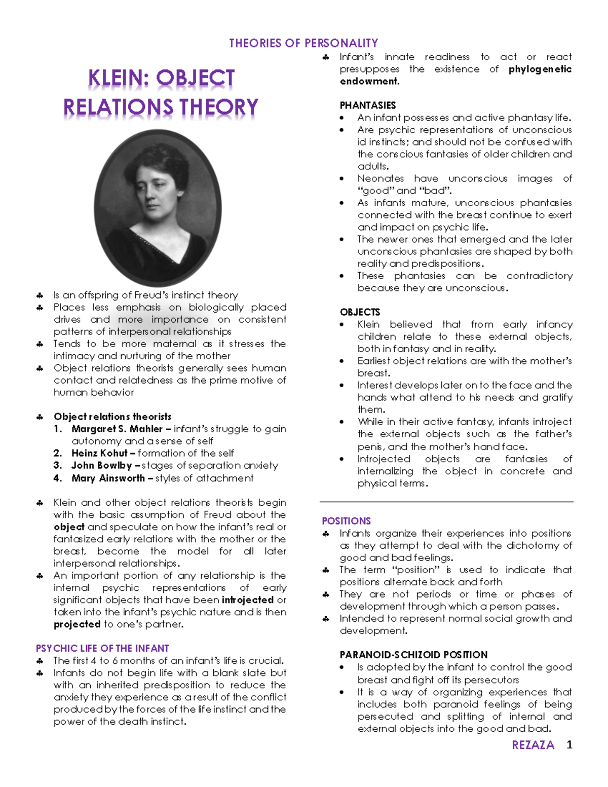 T.O.P. - Klein - Object relations theory - reviewer - KLEIN: OBJECT RELATIONS THEORY § Is an ...