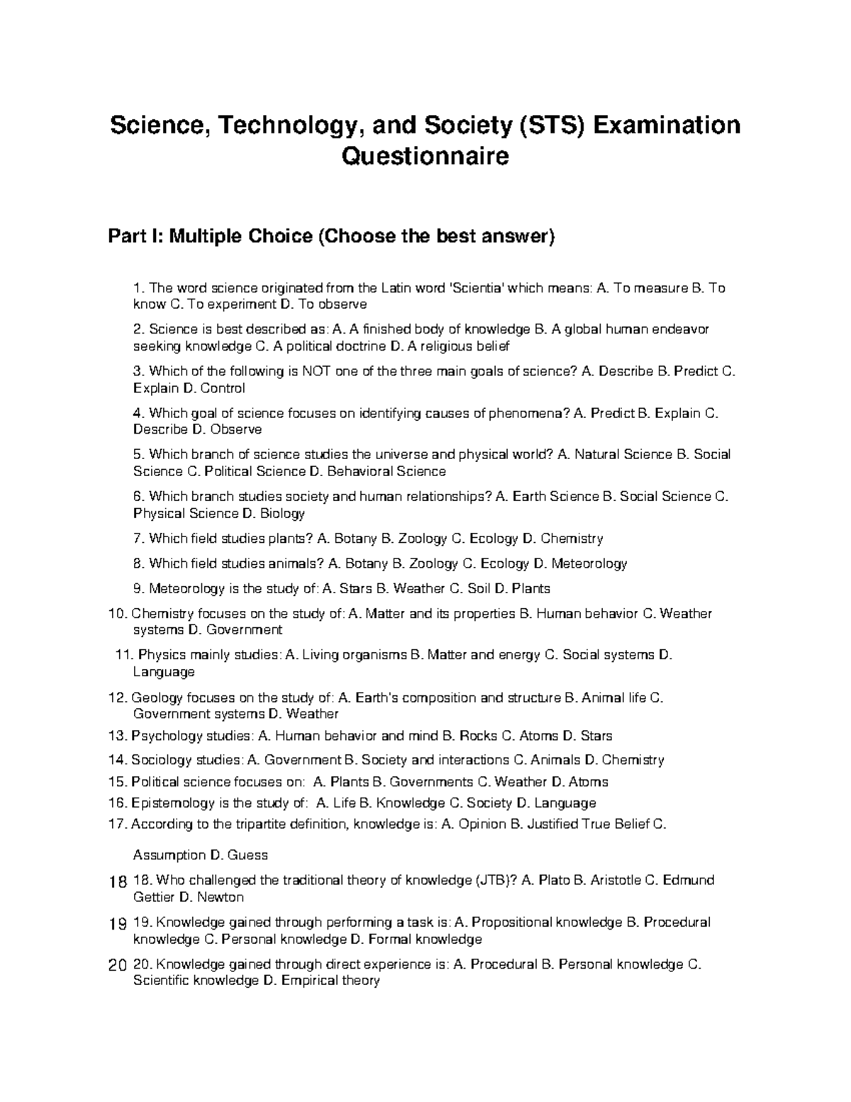 STS Midterm Exam Practice Questions: Science, Technology, and Society ...