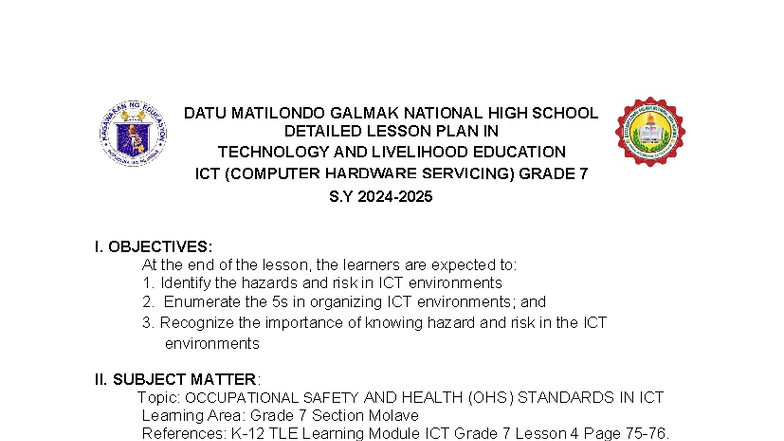 COT 4 Detailed Lesson Plan: ICT Safety & 5S Methodology for Grade 7 ...