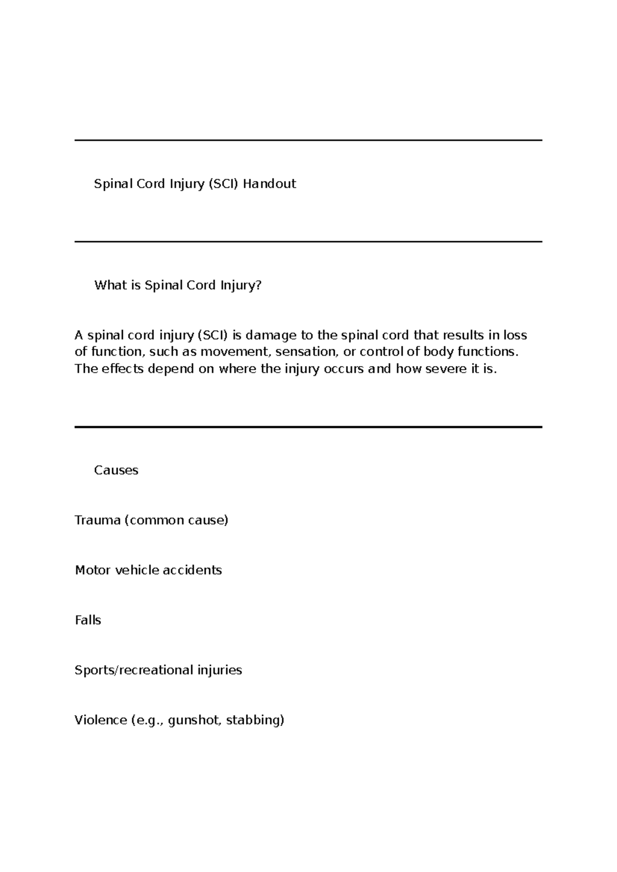 SCI Handout - Understanding Brain and Spinal Cord Injury - Studocu