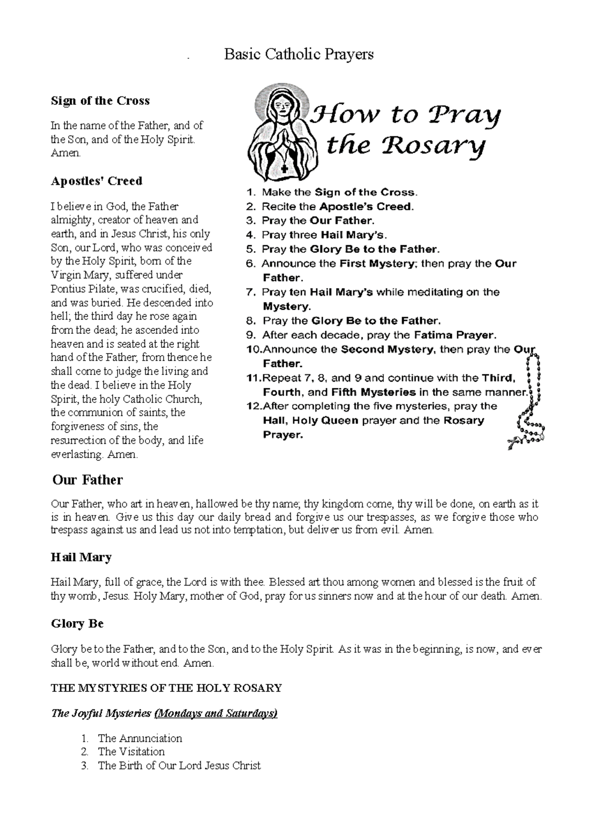 Basic Catholic Prayers and Mysteries of the Rosary - Studocu