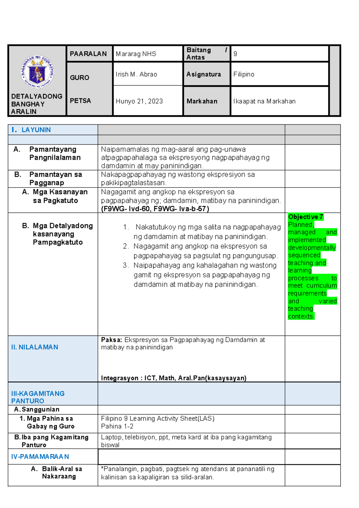 Filipino 9 - Final Exam Lesson Plan on Expressing Emotions - Studocu