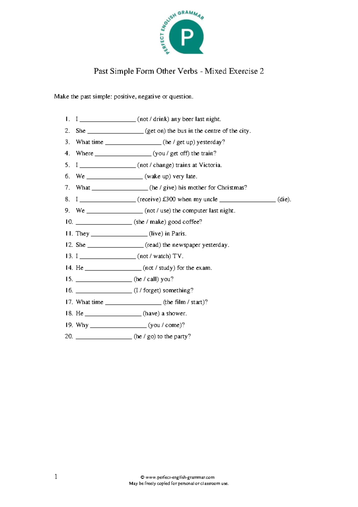 Past Simple Mixed Exercise 2: Positive, Negative, Questions - Studocu