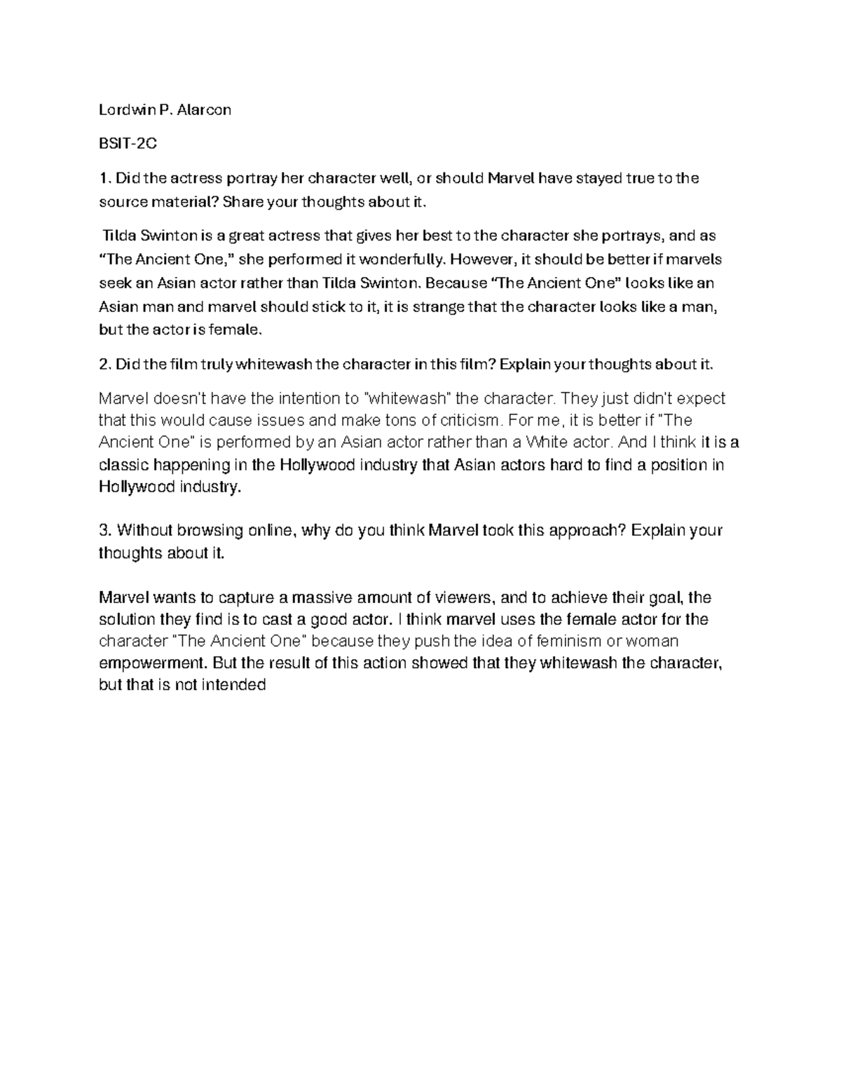 BSIT-2C Essay Notes: Analysis of Casting Choices in Marvel Films - Studocu