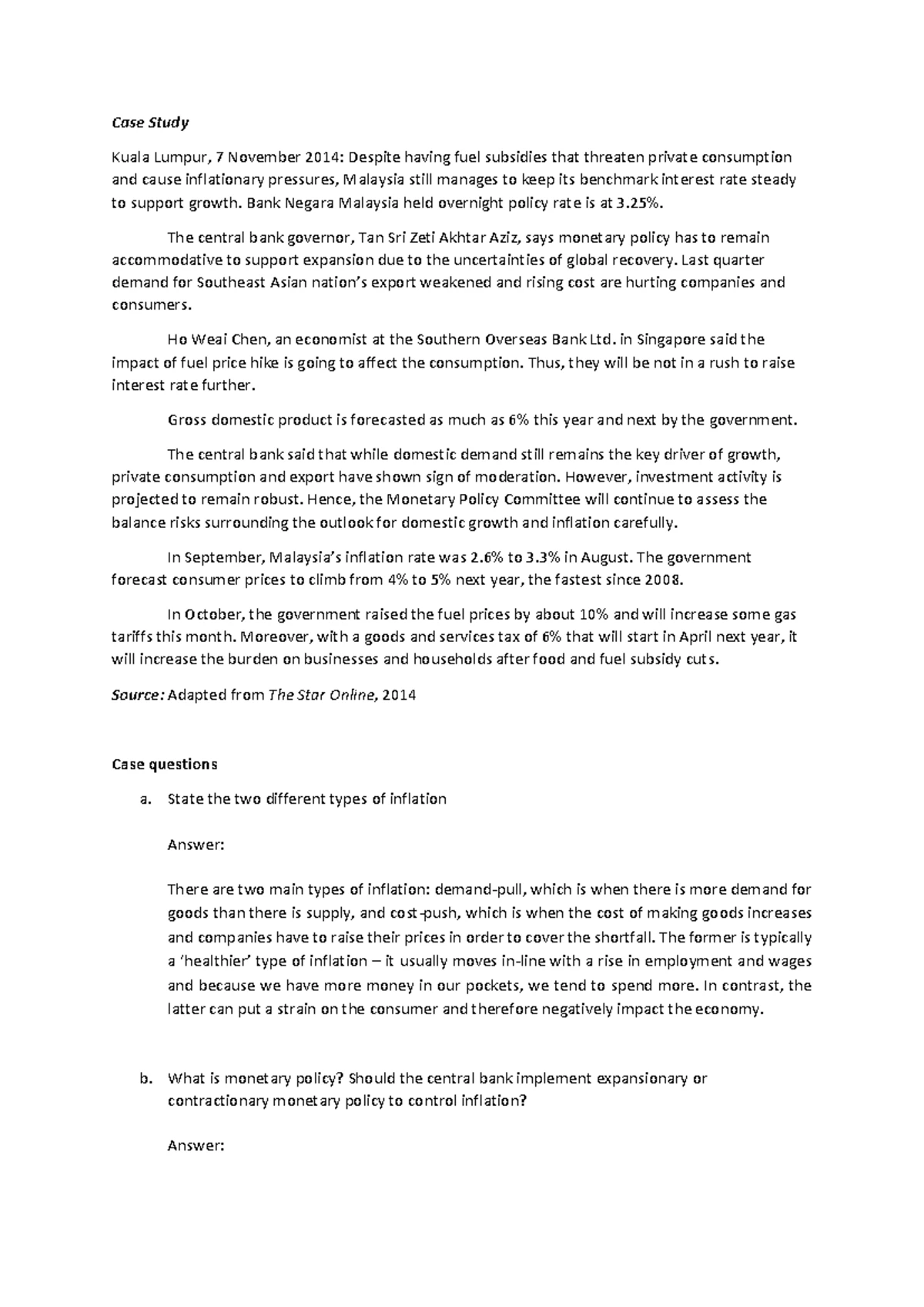 ECO415 Case Study_ Inflation - 1. Explain with diagram two causes of ...