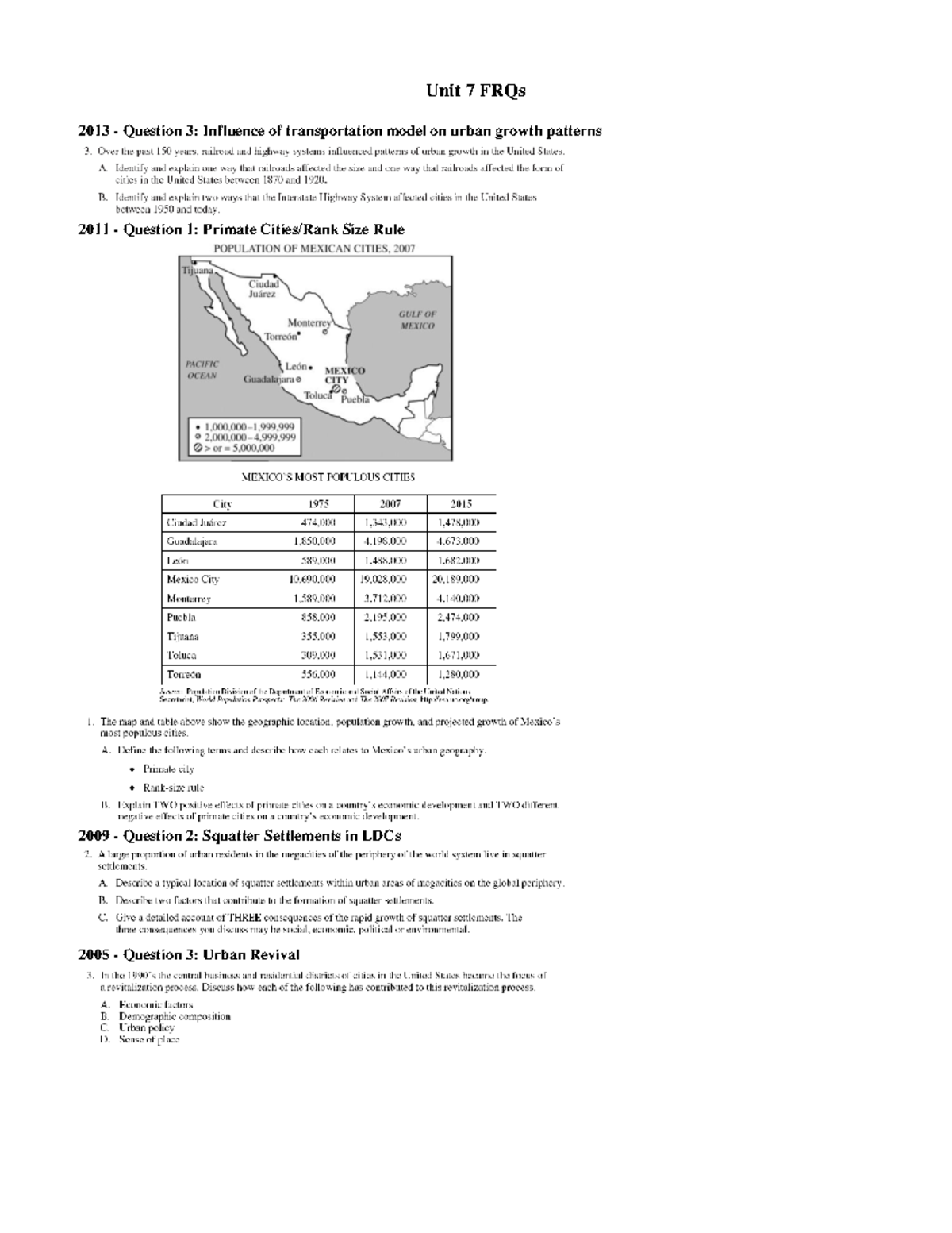 APHUG Unit 7 - Practice MC & FRQ Questions on Urban Growth Patterns ...