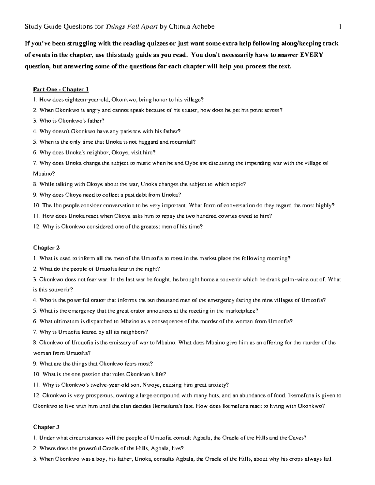 Things Fall Apart Study Guide Questions (ENG 101) - Studocu