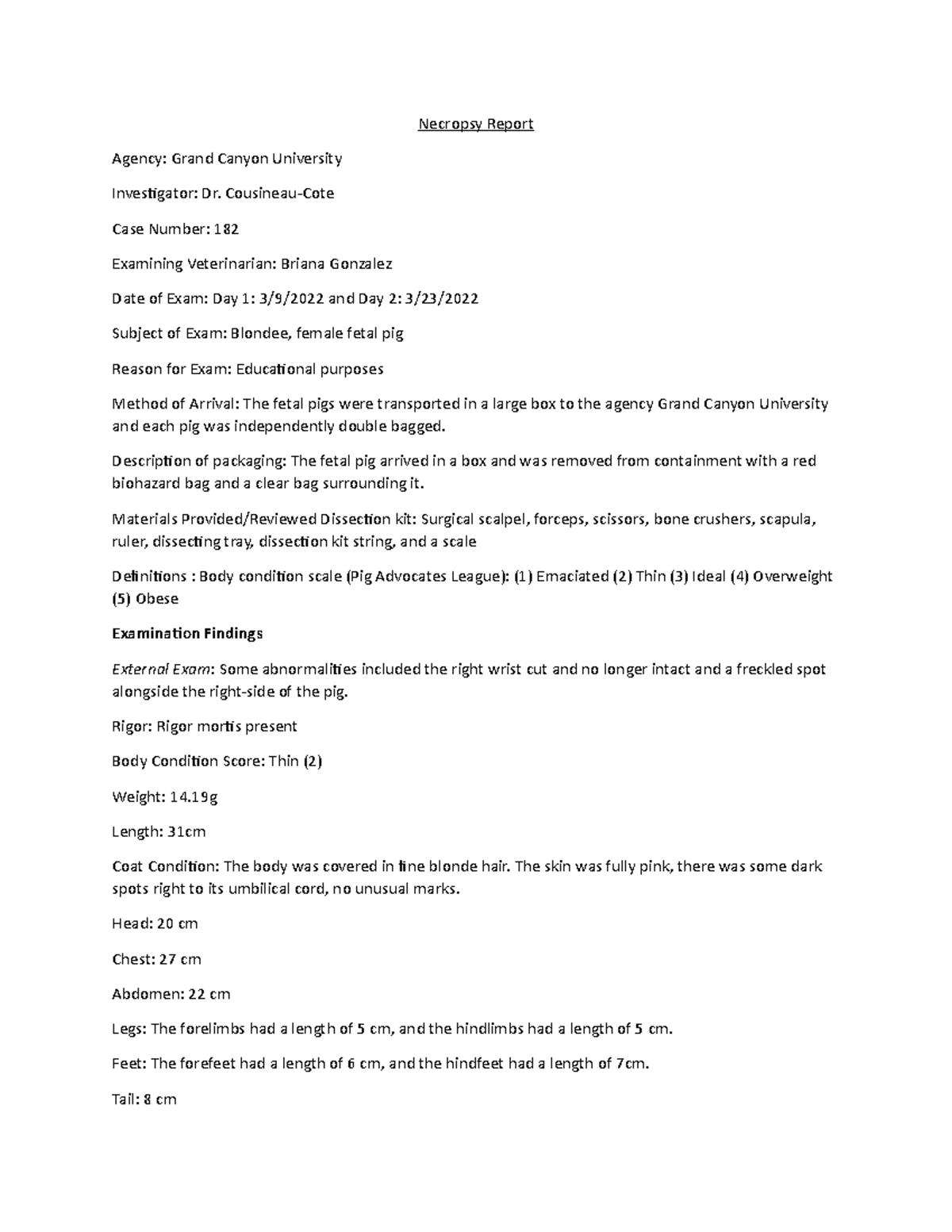 Necropsy Report of Fetal Pig - BIO182 Case Study Insights - Studocu