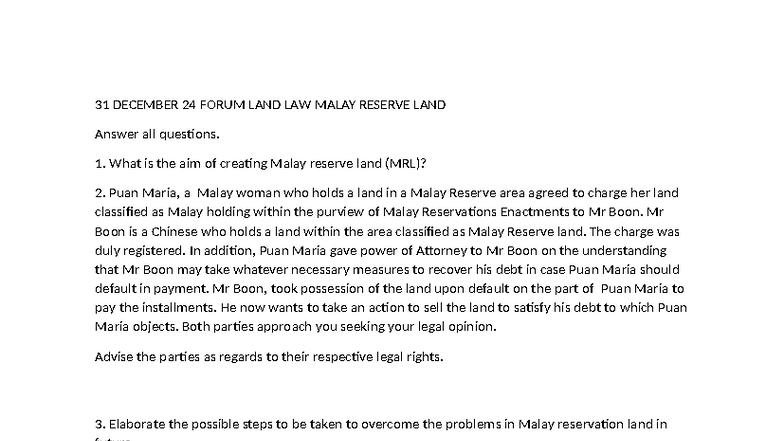 31 DECEMBER 24 LAND LAW MRL: Malay Reserve Land Issues & Legal Rights ...