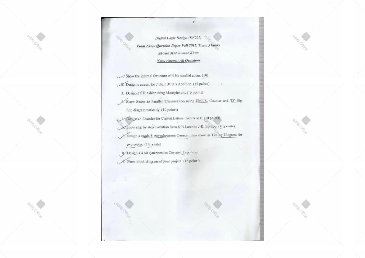 EE227 WPS Final Exam Question Paper - Digital Logic Design Fall 2015 ...
