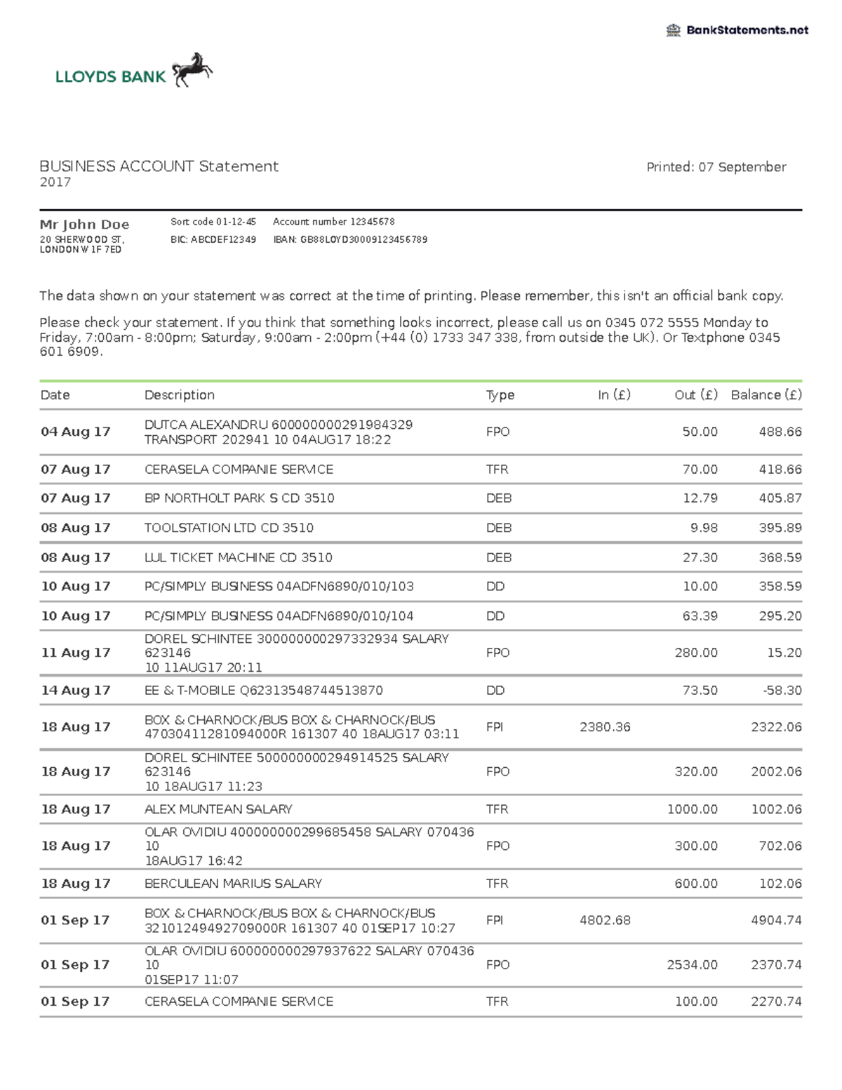 Business Bank Statement for Lloyds Bank: September 2017 Overview - Studocu
