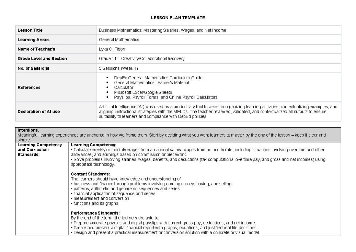 Week 1 - Daily Lesson Plan for Business Mathematics (Grade 11) - Studocu