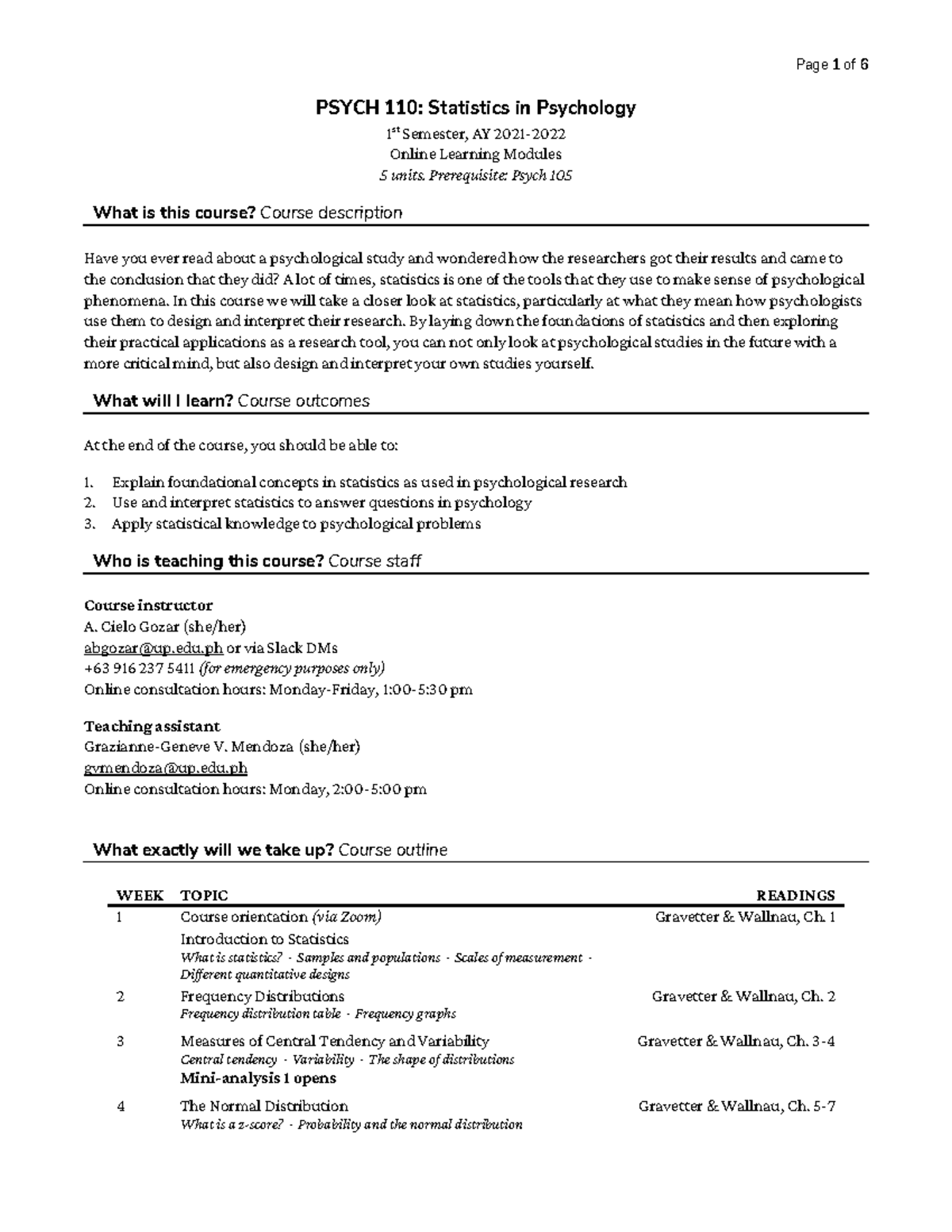 PSYCH 110: Syllabus for Statistics in Psychology Course (AY 2021-22 ...