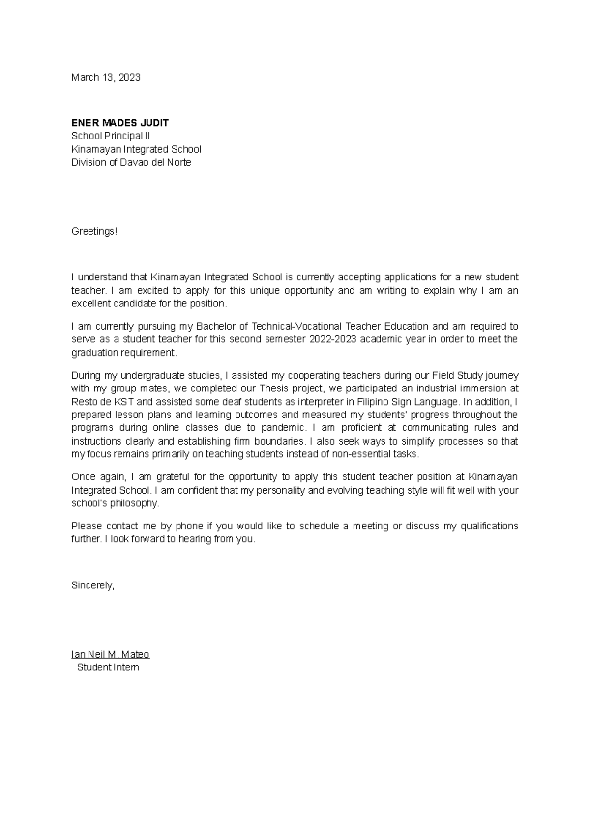 Application Letter - March 13, 2023 ENER MADES JUDIT School Principal ...