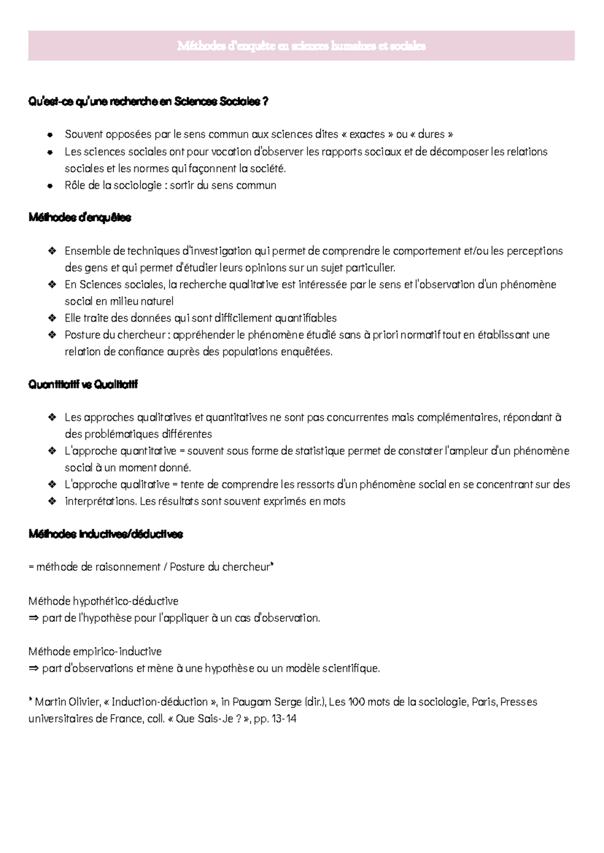 Méthodes en Sciences Sociales - TD d'Enquête: Notes de Cours - Studocu