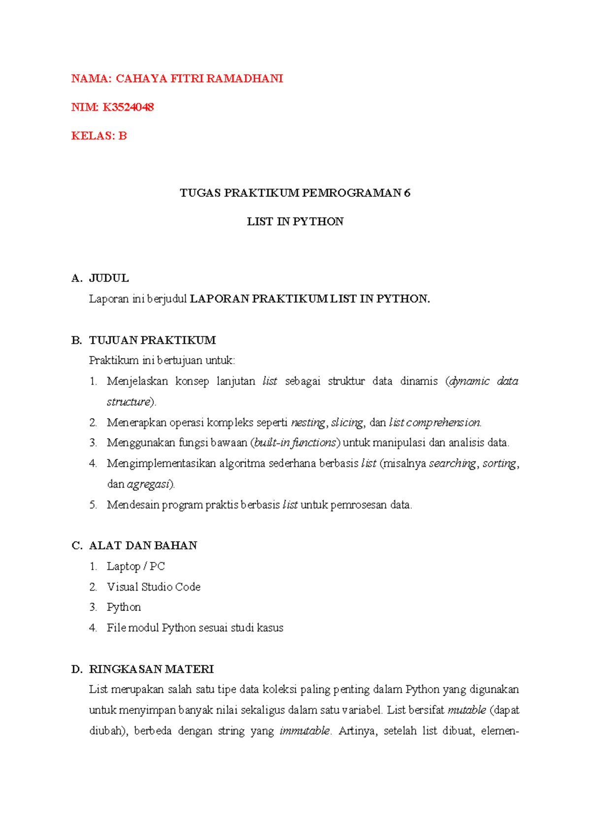 Laporan Praktikum Pemrograman 6: List dalam Python - Studocu