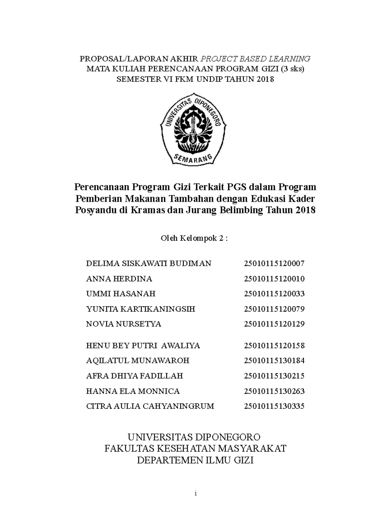 Laporan Akhir PBL - Perencanaan Program Gizi FKM UNDIP 2018 - Studocu