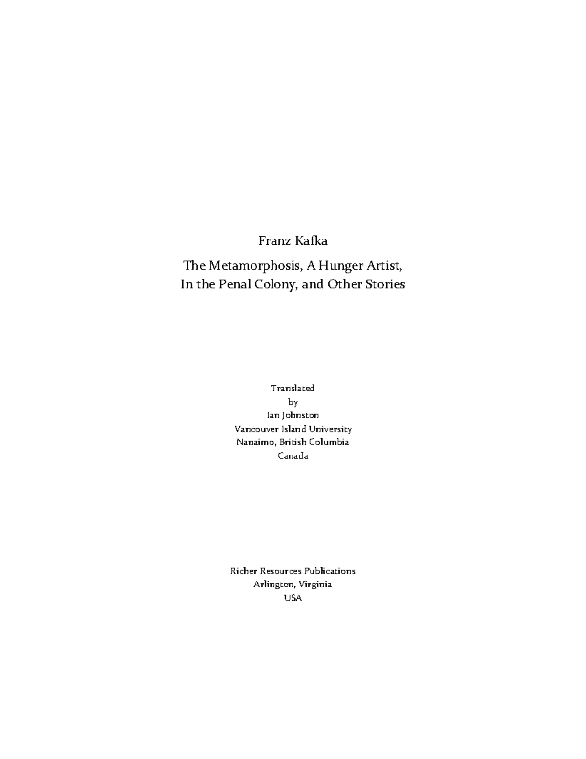 Franz Kafka: The Metamorphosis & Other Stories - Translated Works - Studocu