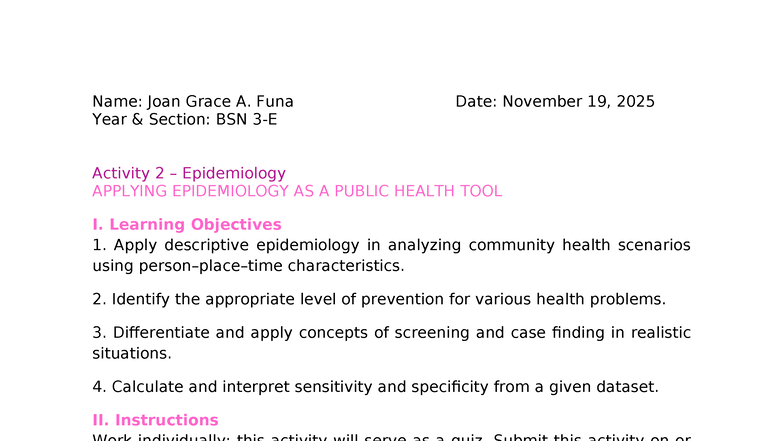 Activity 2 Epidemiology Quiz: Applying Public Health Tools - Studocu