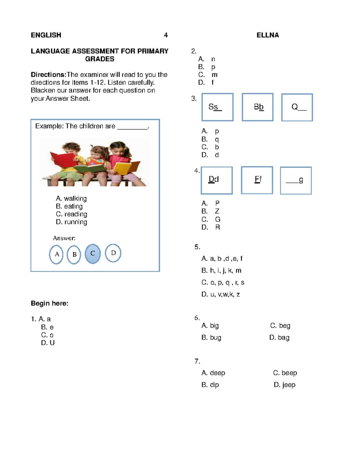 ENGLISH 4 LANGUAGE ASSESSMENT FOR PRIMARY GRADES - ELLNA Test - Studocu