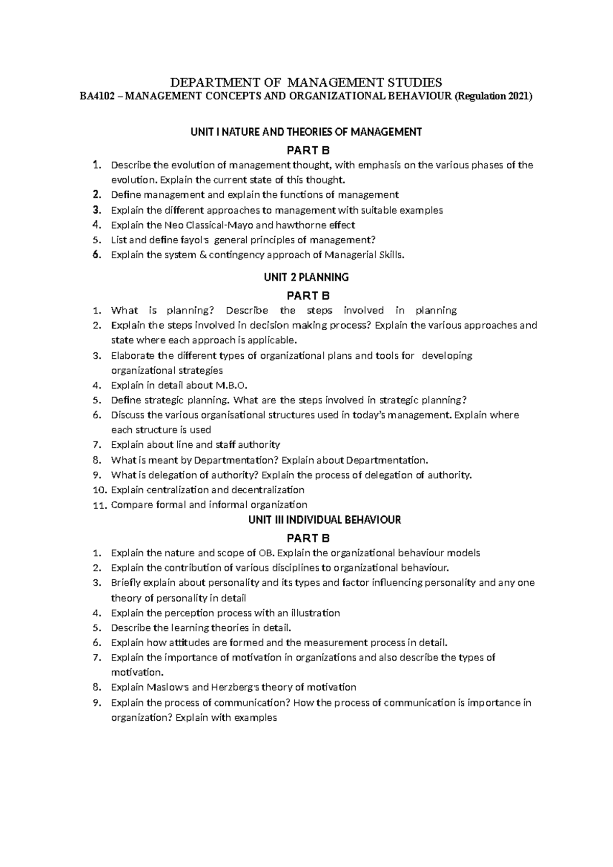 BA4102 MCOB Question Bank: Management Concepts & Organizational ...