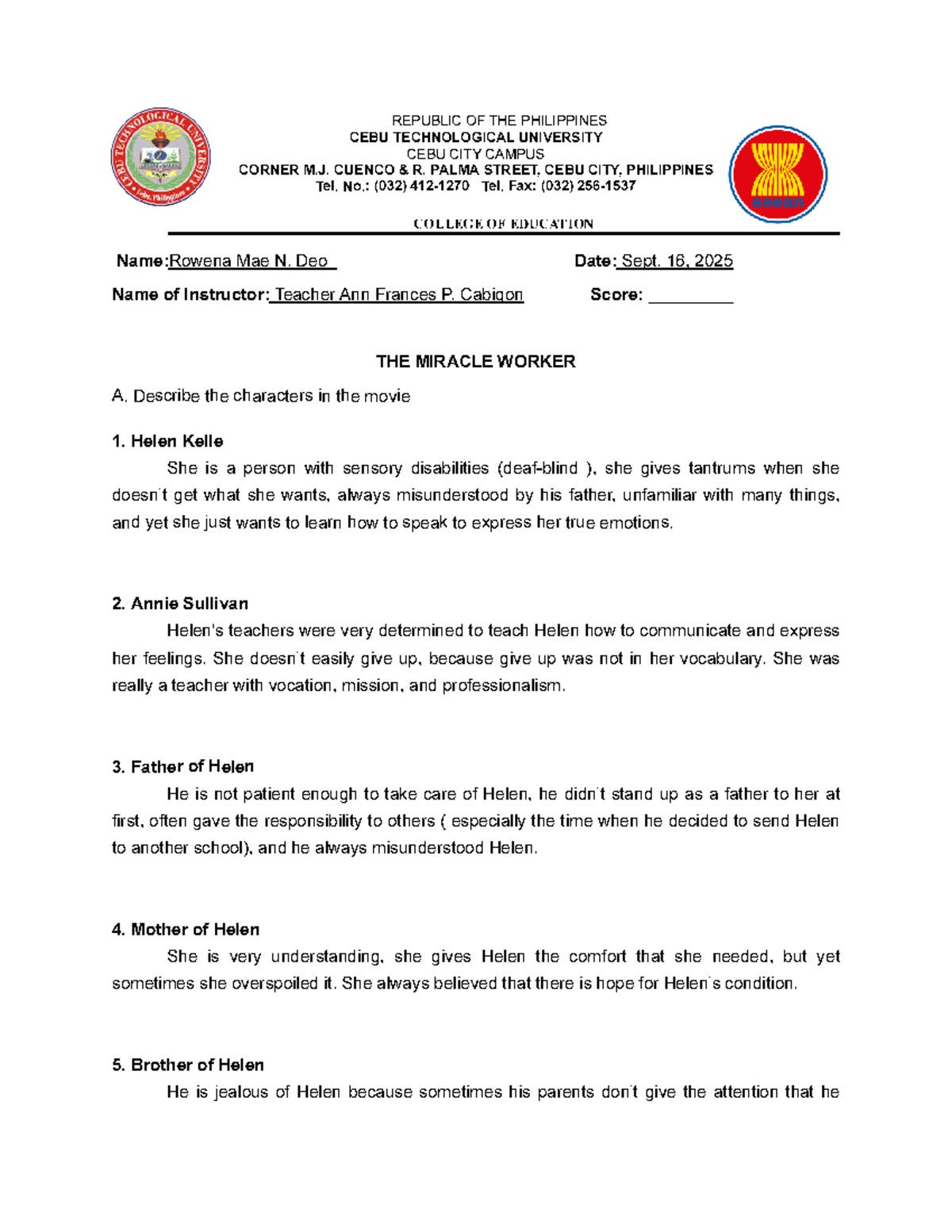MC 111 - The Miracle Worker: Character Analysis and Insights - Studocu