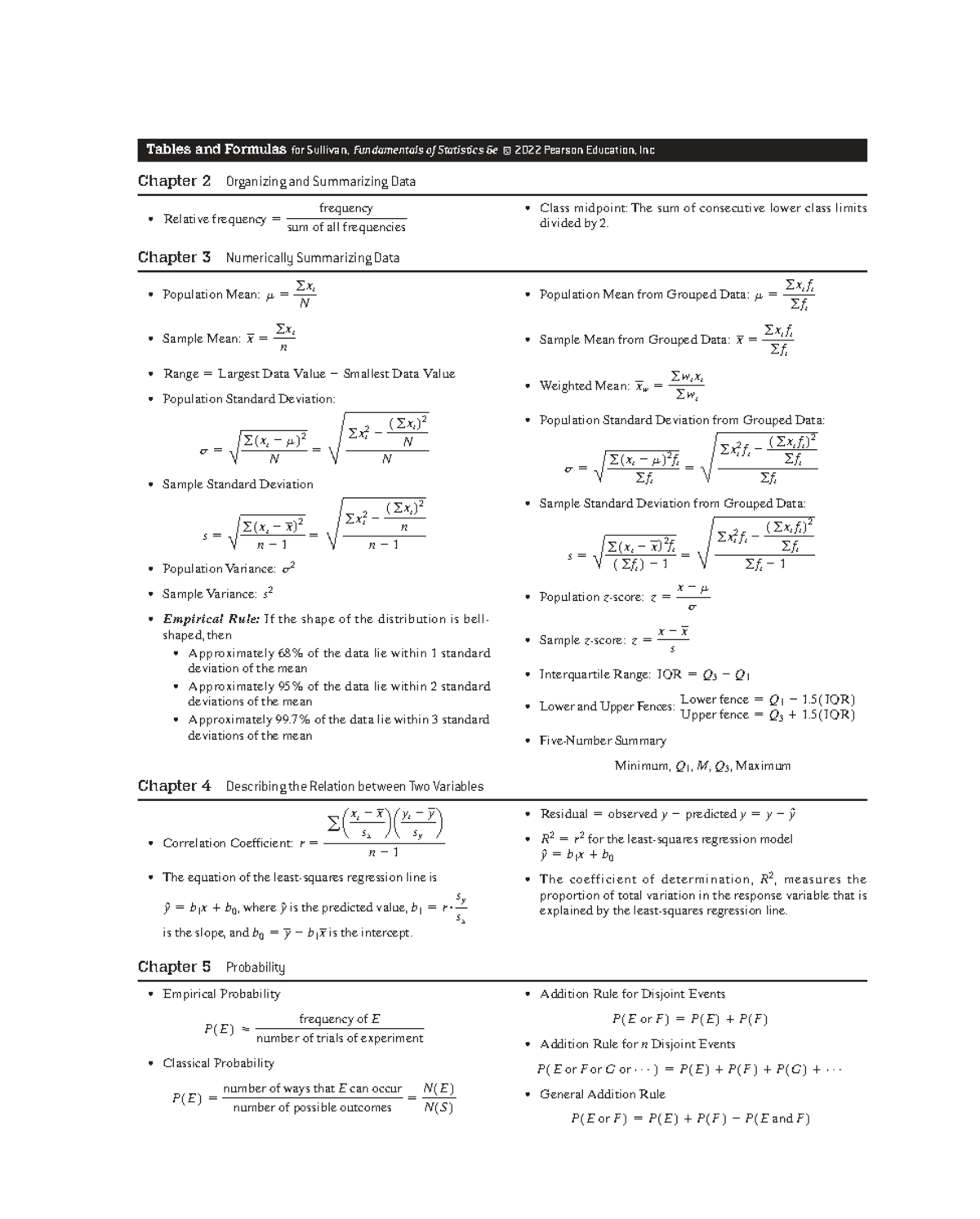 SULL 7315: Tables & Formulas for Statistics 6e - Chapters 2-9 Summary ...