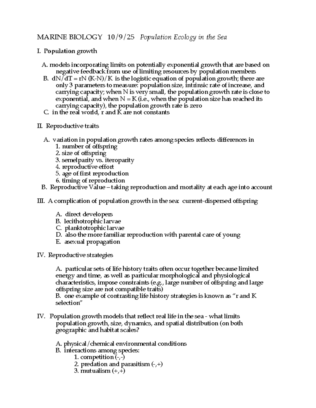 Population Ecology in the Sea - MAR Bio 10/9/25 Lecture Notes - Studocu