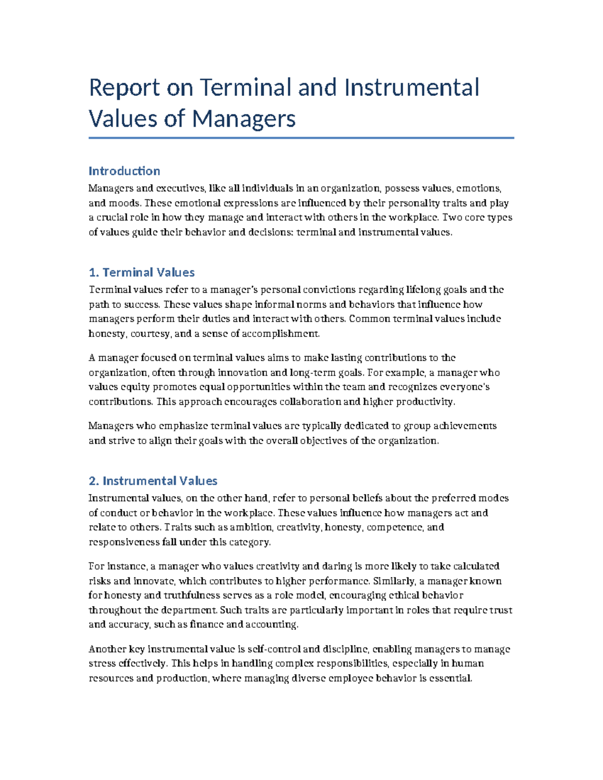 Terminal and Instrumental Values of Managers Report - Studocu