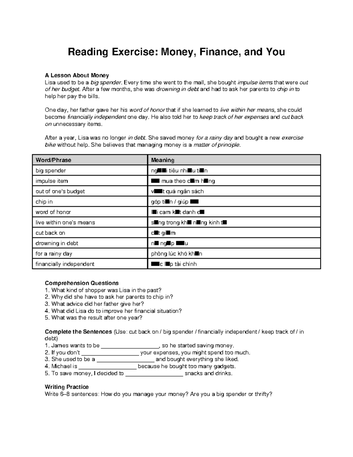 Reading Exercise: Money Management Lesson on Financial Independence ...