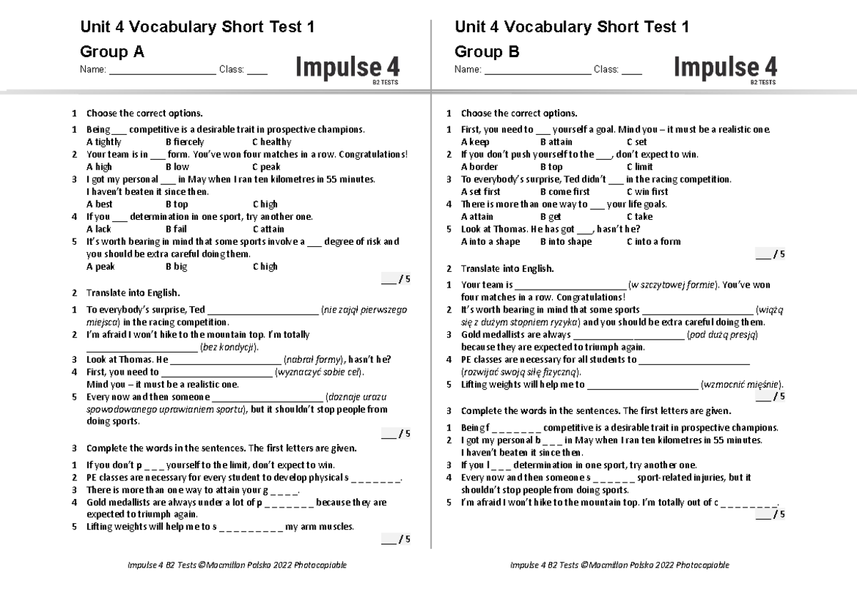 Unit 4 Vocabulary Short Test 1 A+B - Impulse 4 B2 - Studocu