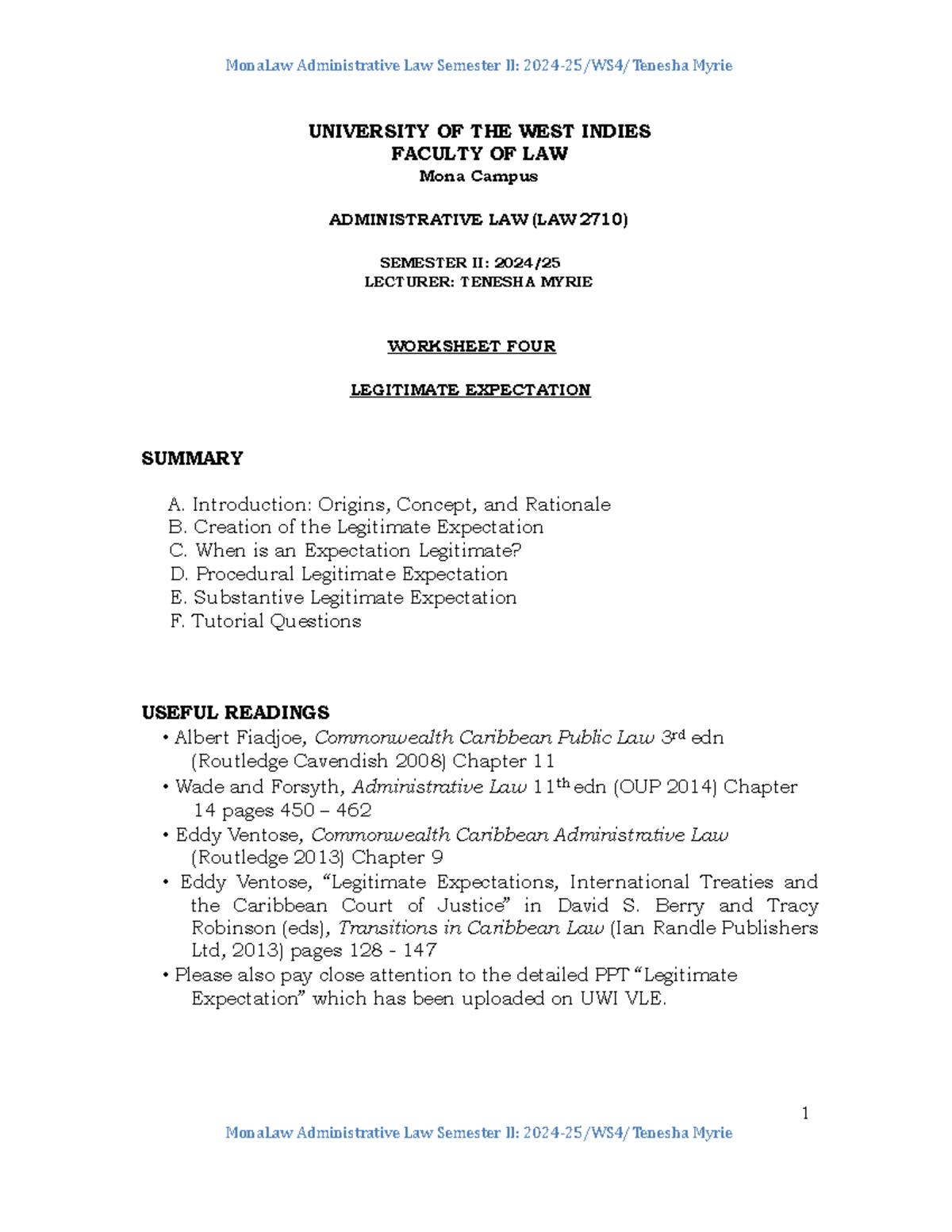 Worksheet 4 Legitimate Expectation Mona Law 2024-25 Tenesha Myrie ...