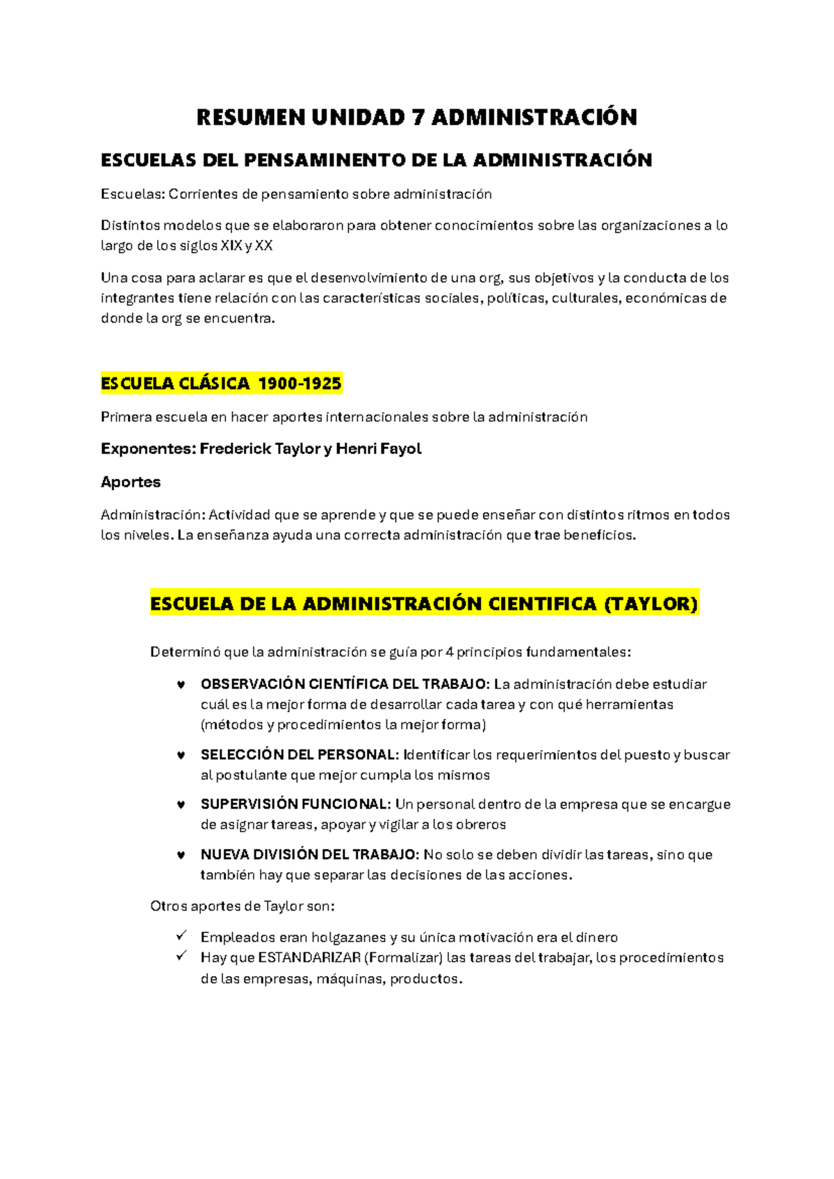 Resumen Unidad 7: Escuelas del Pensamiento en Administración - Studocu