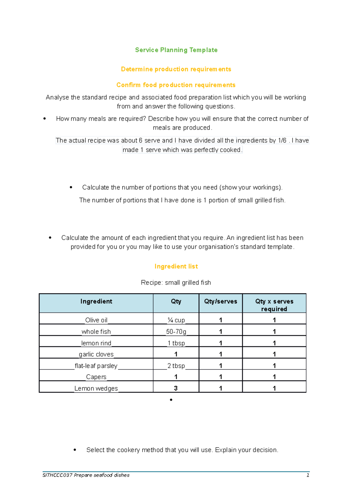 SITHCCC037 Service Planning Template for Seafood Dish Preparation - Studocu