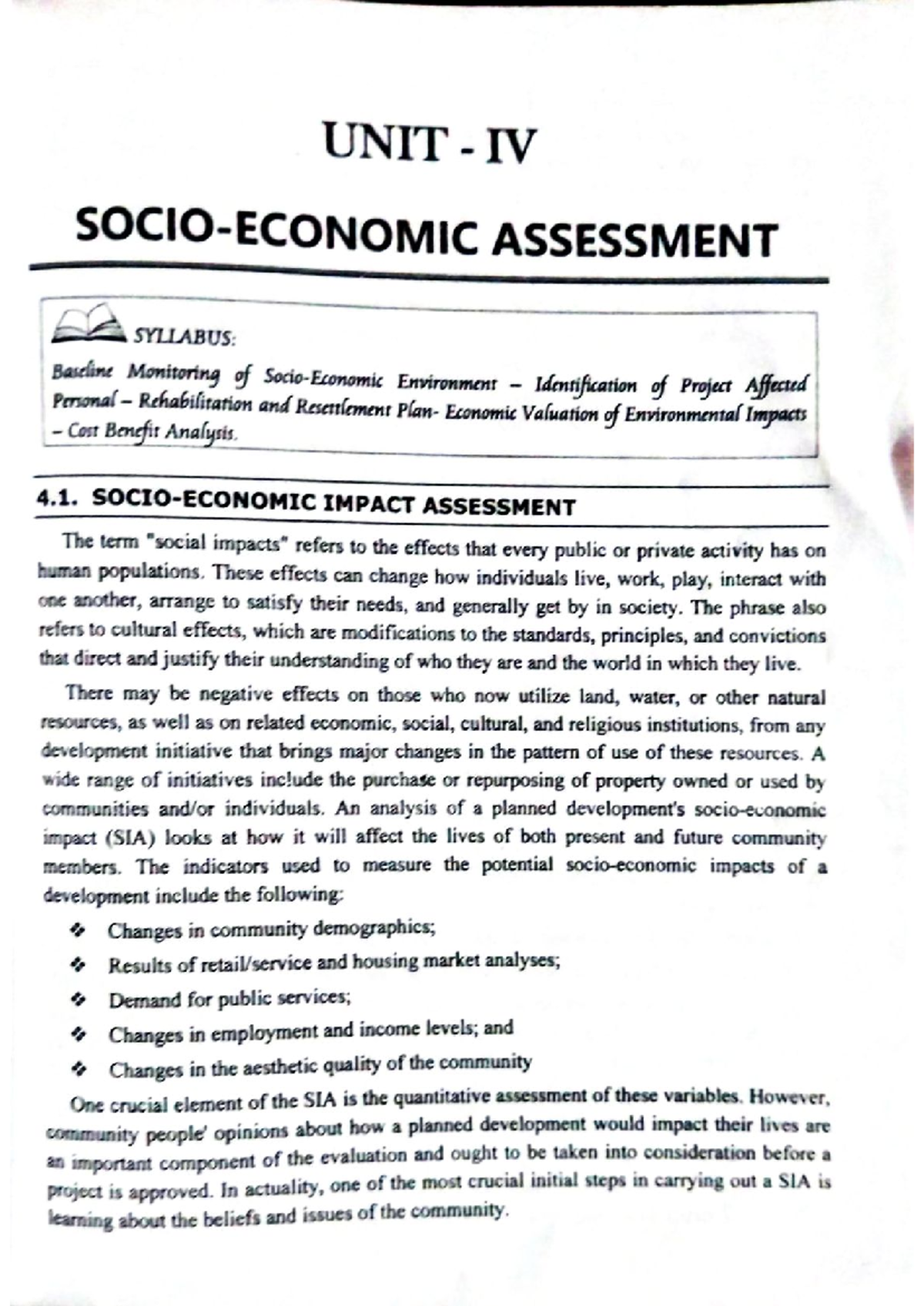 Unit IV Socio-Economic Assessment: Environmental Impact & SIA Analysis ...