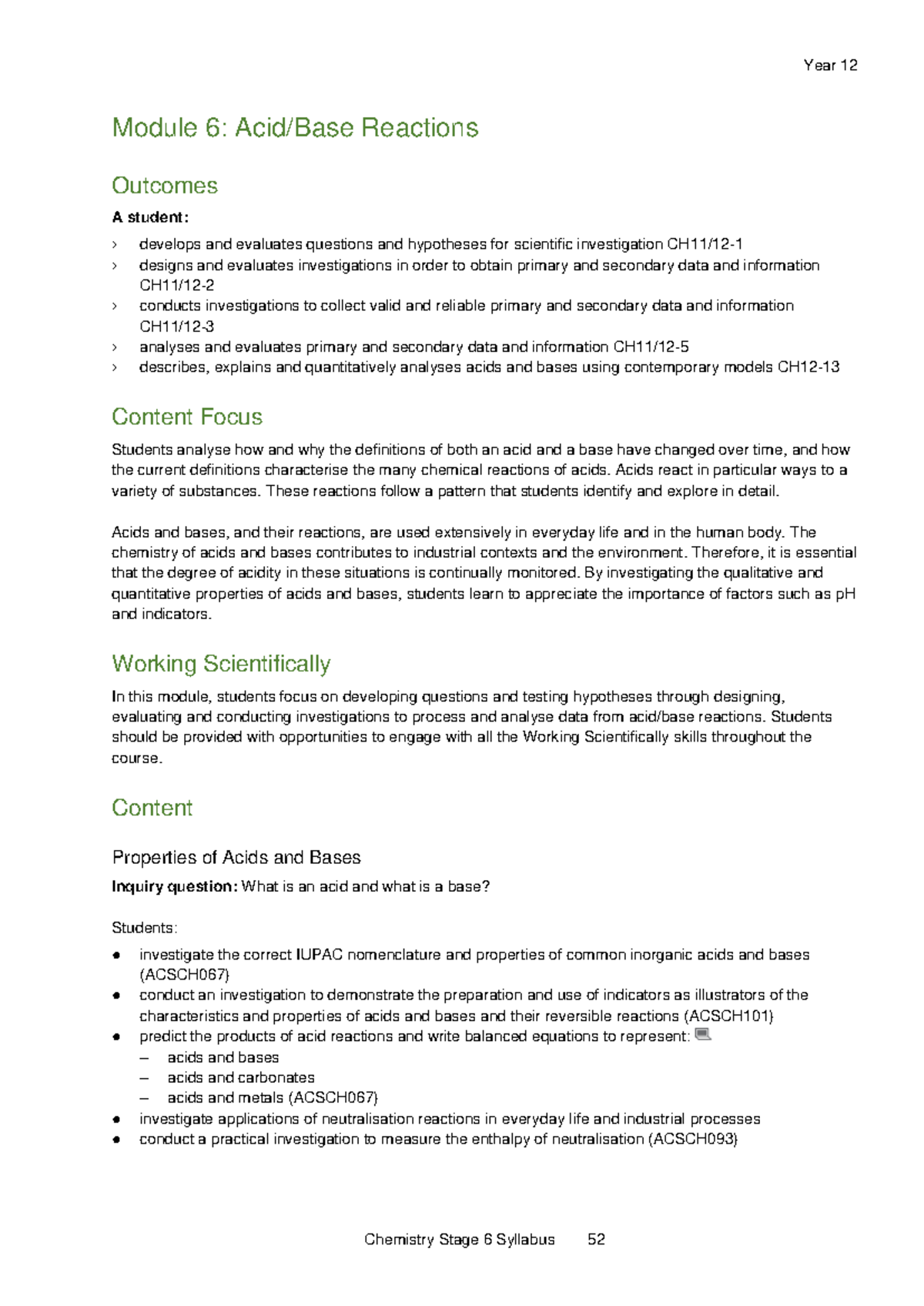 Year 12 Chemistry Stage 6: Acid/Base Reactions Syllabus - Studocu