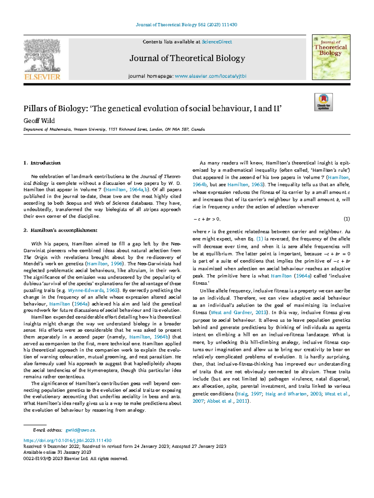 Pillars of Biology: Genetical Evolution of Social Behavior - JTBI 562 ...