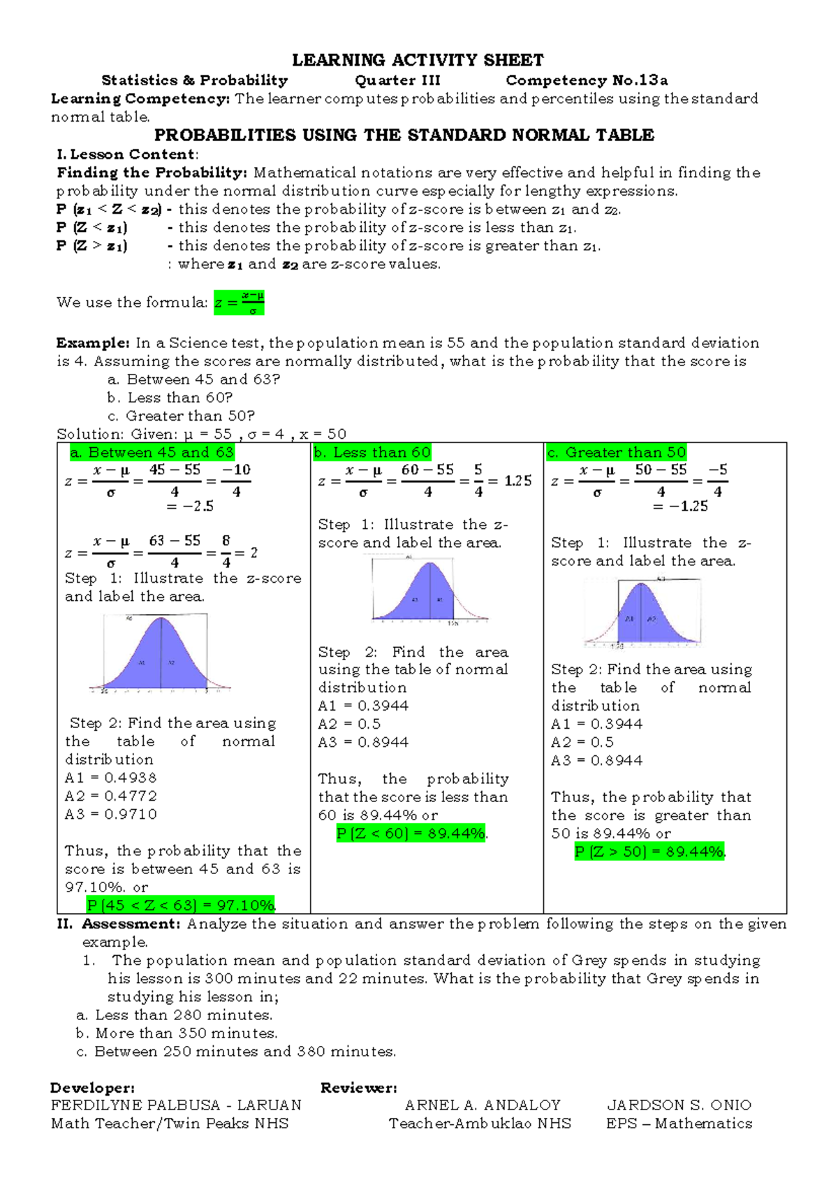 MATH11 Q3 C13a: Computing Probabilities with the Standard Normal Table ...