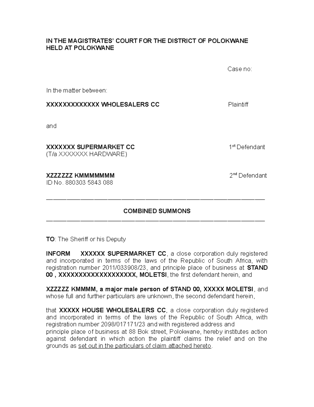 Civil Procedure: Combined Summons & Particulars of Claim Analysis - Studocu