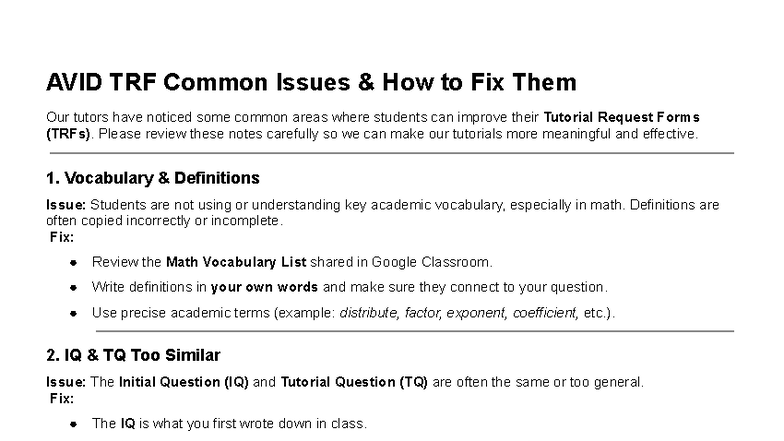AVID TRF Common Issues & Solutions for Improvement - Studocu