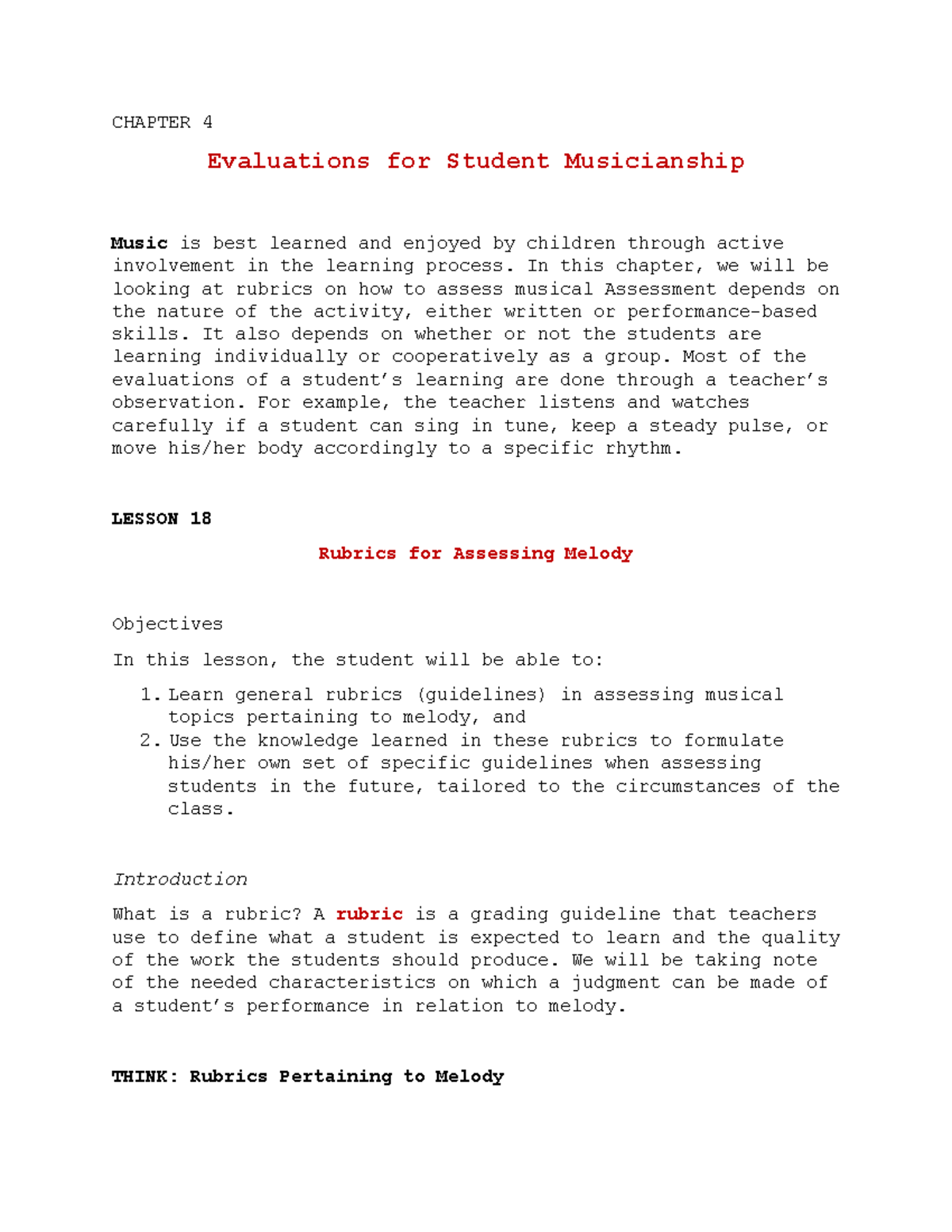 Lesson 18: Evaluating Melody through Assessment Rubrics - Studocu