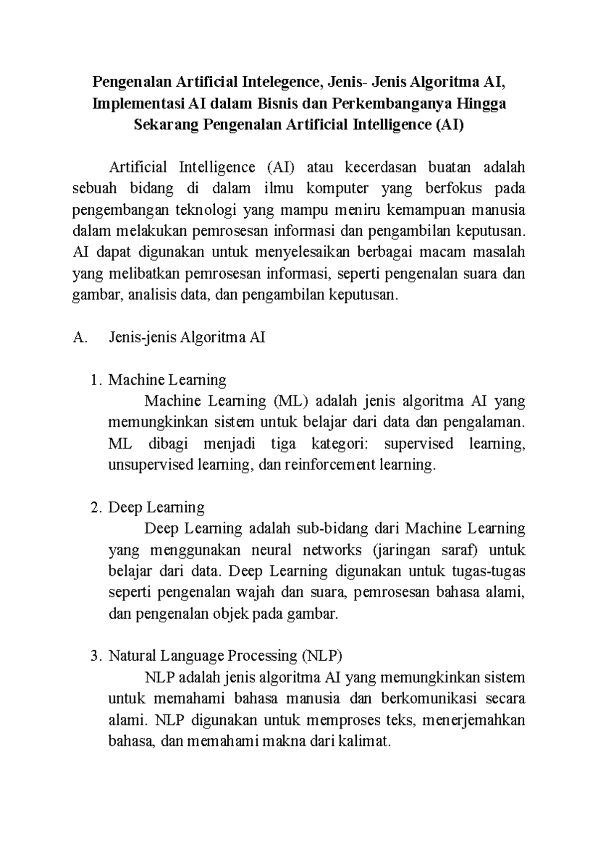 Pengenalan AI: Algoritma, Implementasi Bisnis & Perkembangannya - Studocu