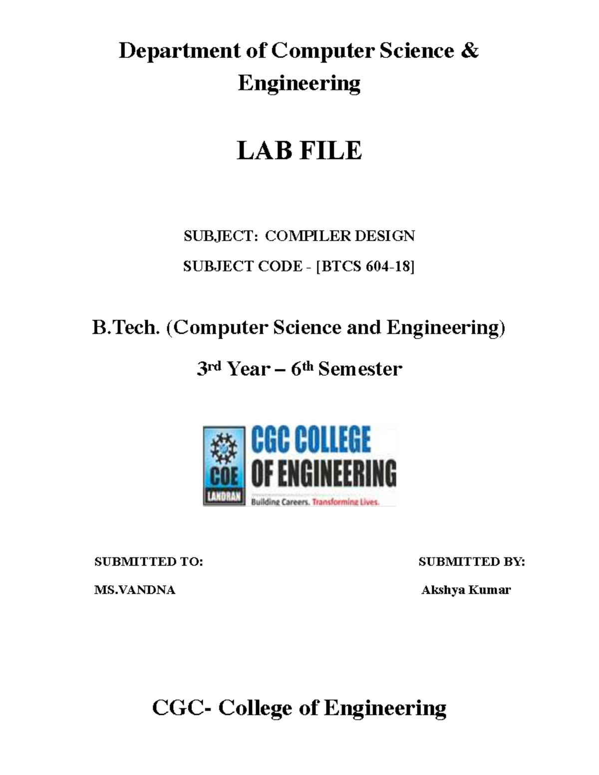 B.Tech. Compiler Design Lab File - 3rd Year, 6th Semester - Studocu